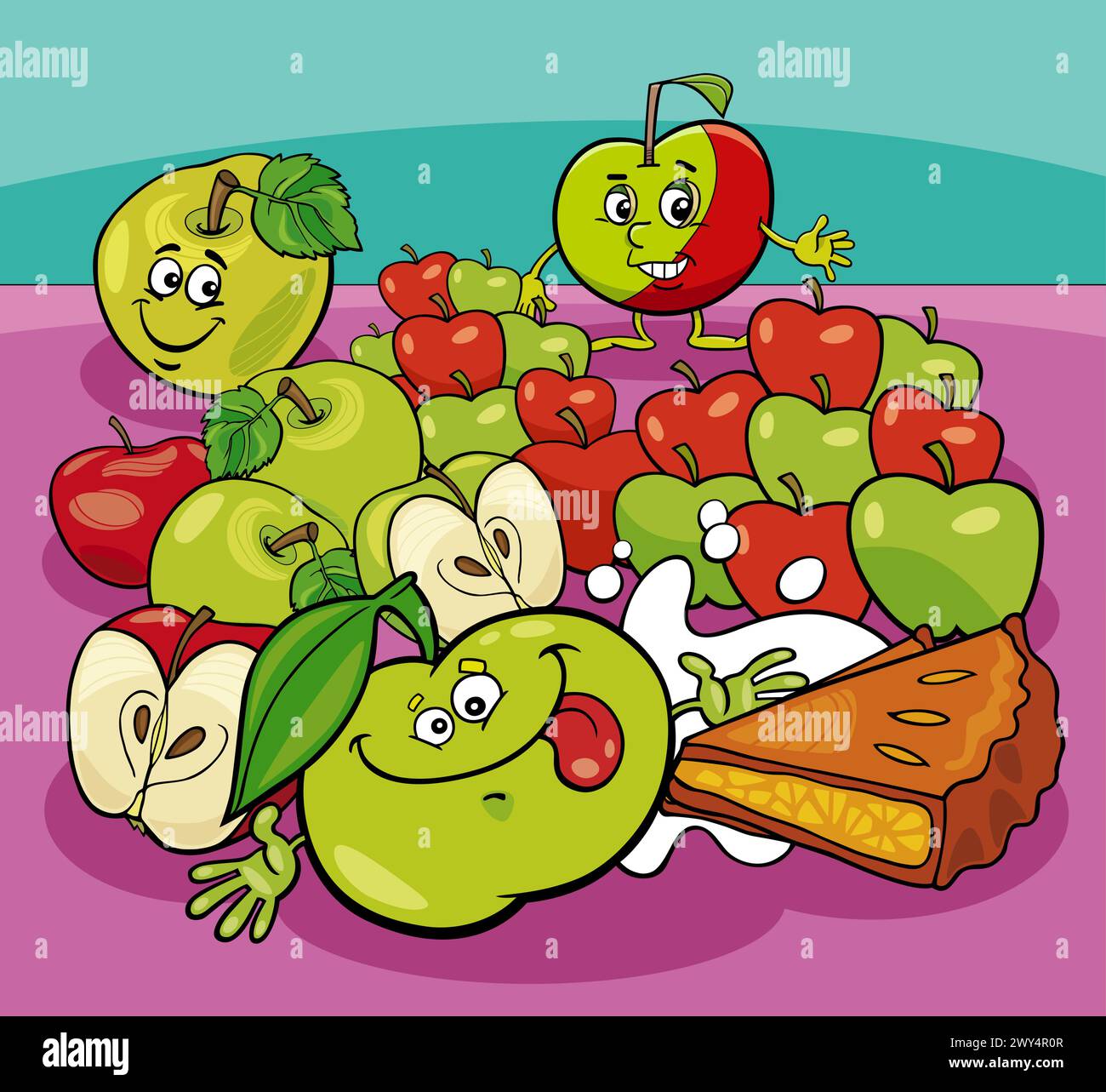 cartoon illustration of funny green and red apples and apple pie and ...