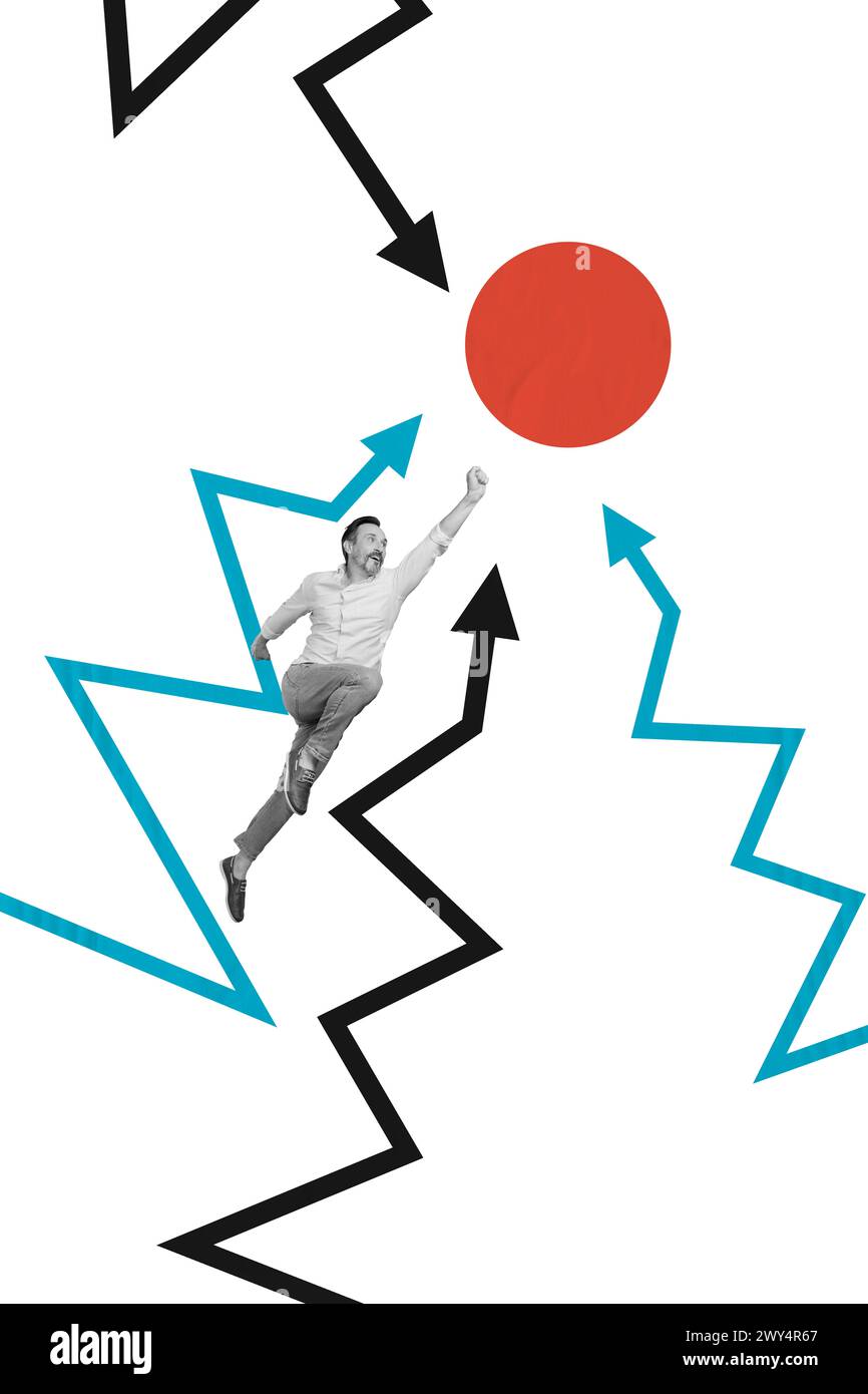 Vertical photo collage mature energetic ambitious man reach goal flight ...