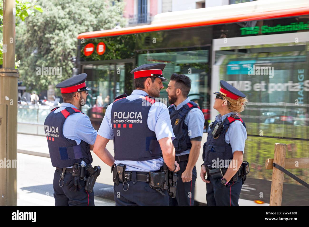 Barcelona, Spain - June 08 2018: Four police officers from the Mossos d ...