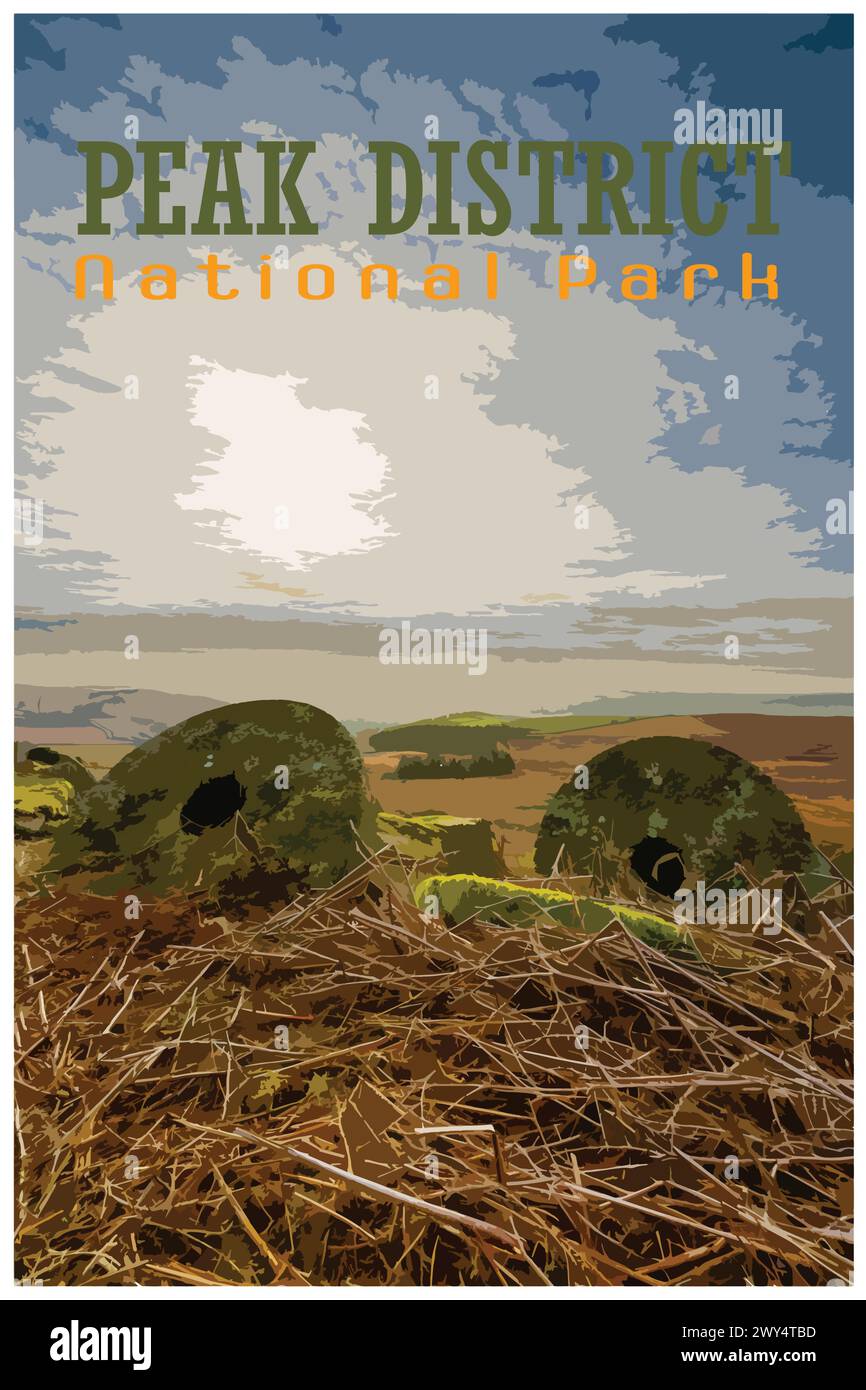 Stanage Edge millstones, Derbyshire nostalgic retro travel poster ...