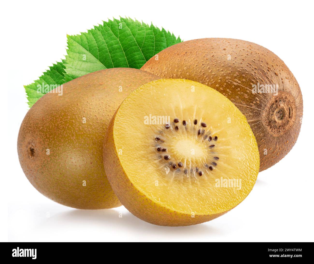Golden kiwi fruit and cross cut of kiwi isolated on white background ...