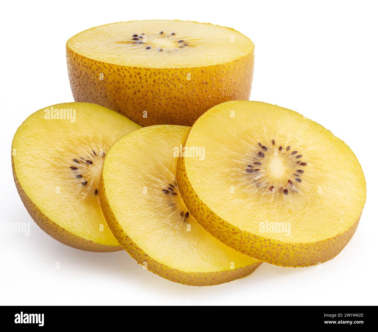 Golden kiwi fruit and cross cut of kiwi isolated on white background ...