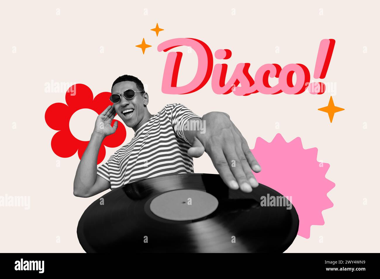 Collage young excited man play audio vinyl plate record dj party ...