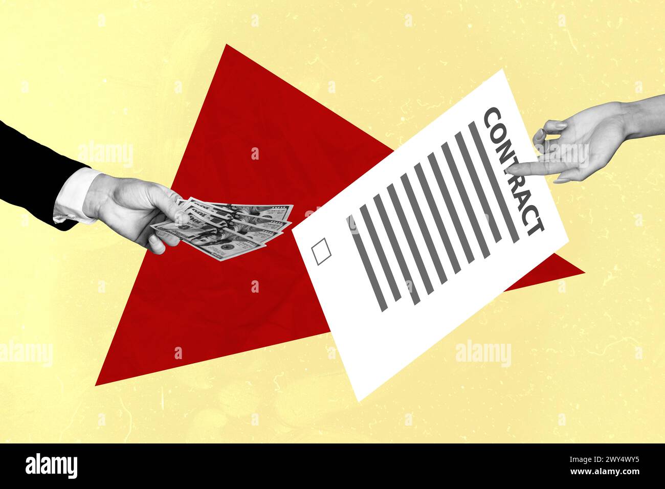 Composite image collage of hands exchange important contract bribe cash ...