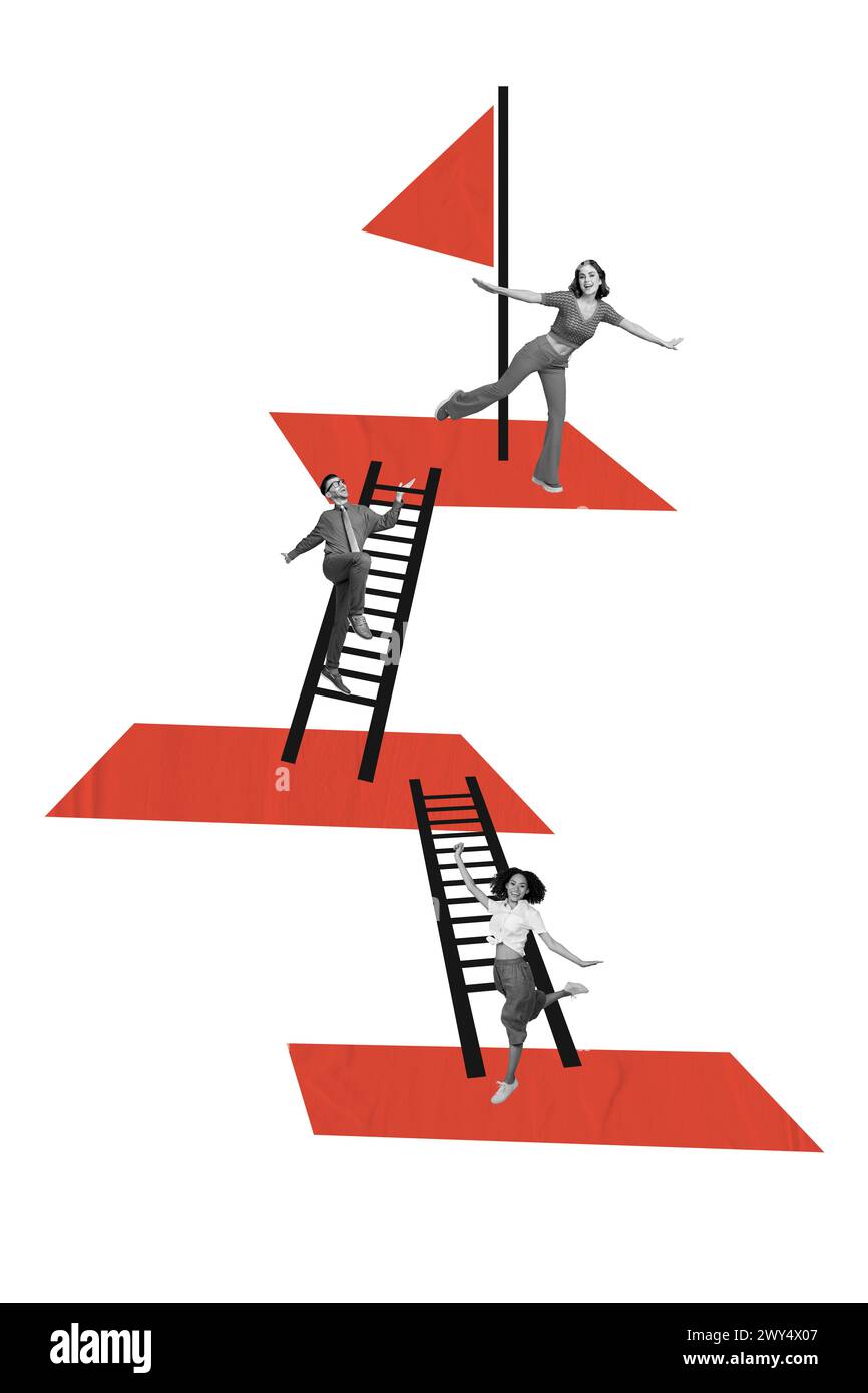 Composite vertical collage picture of mini black white colors people ...