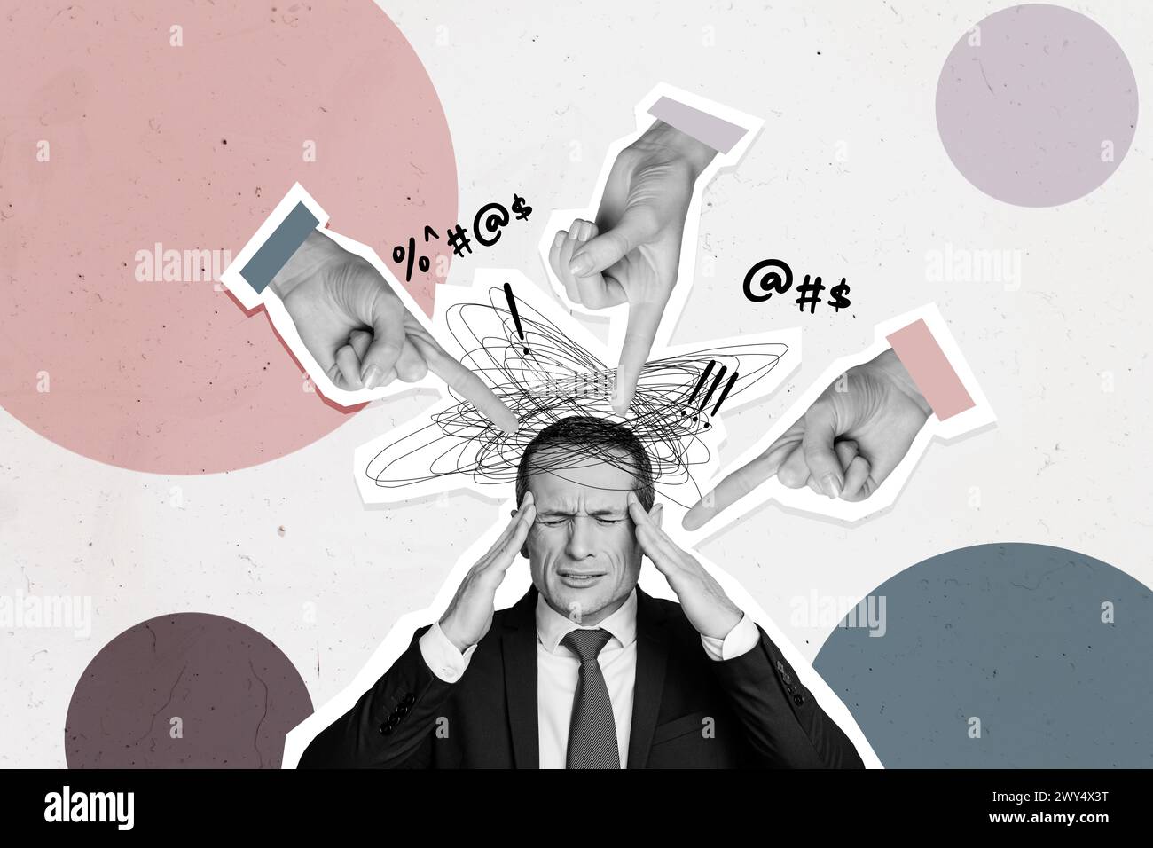 Composite photo collage of tired businessman headache hands point index ...