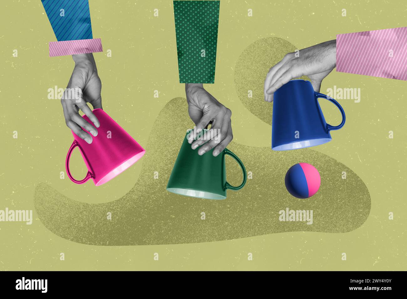 Collage image sketch of people play game plastic magic tricks ball ...