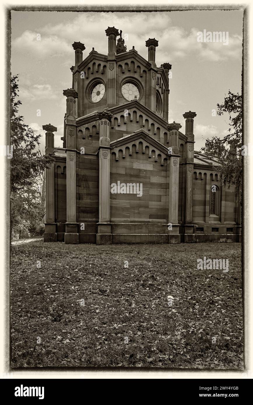 Vintage church with clock tower in rural landscape Stock Photo - Alamy