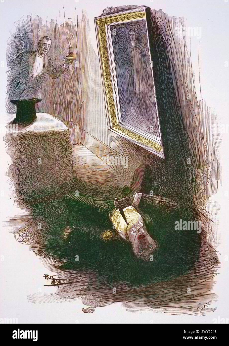 The death of Dorian Gray. Illustration of the novel "The Portrait of ...