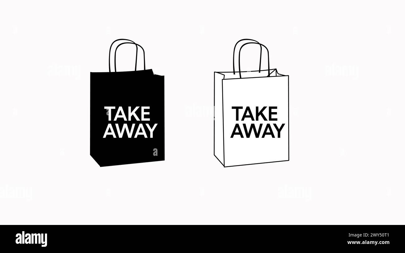 Vector Isolated Black and White Take Away Bag Icon or Sign Set Stock ...