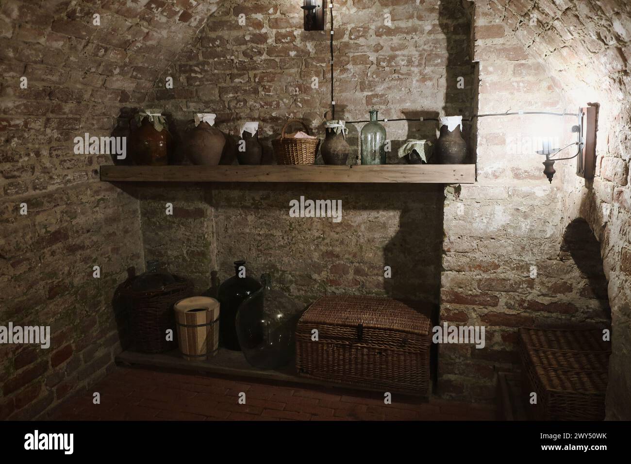 Old pantry with materials, foods and containers from long ago. Larder ...