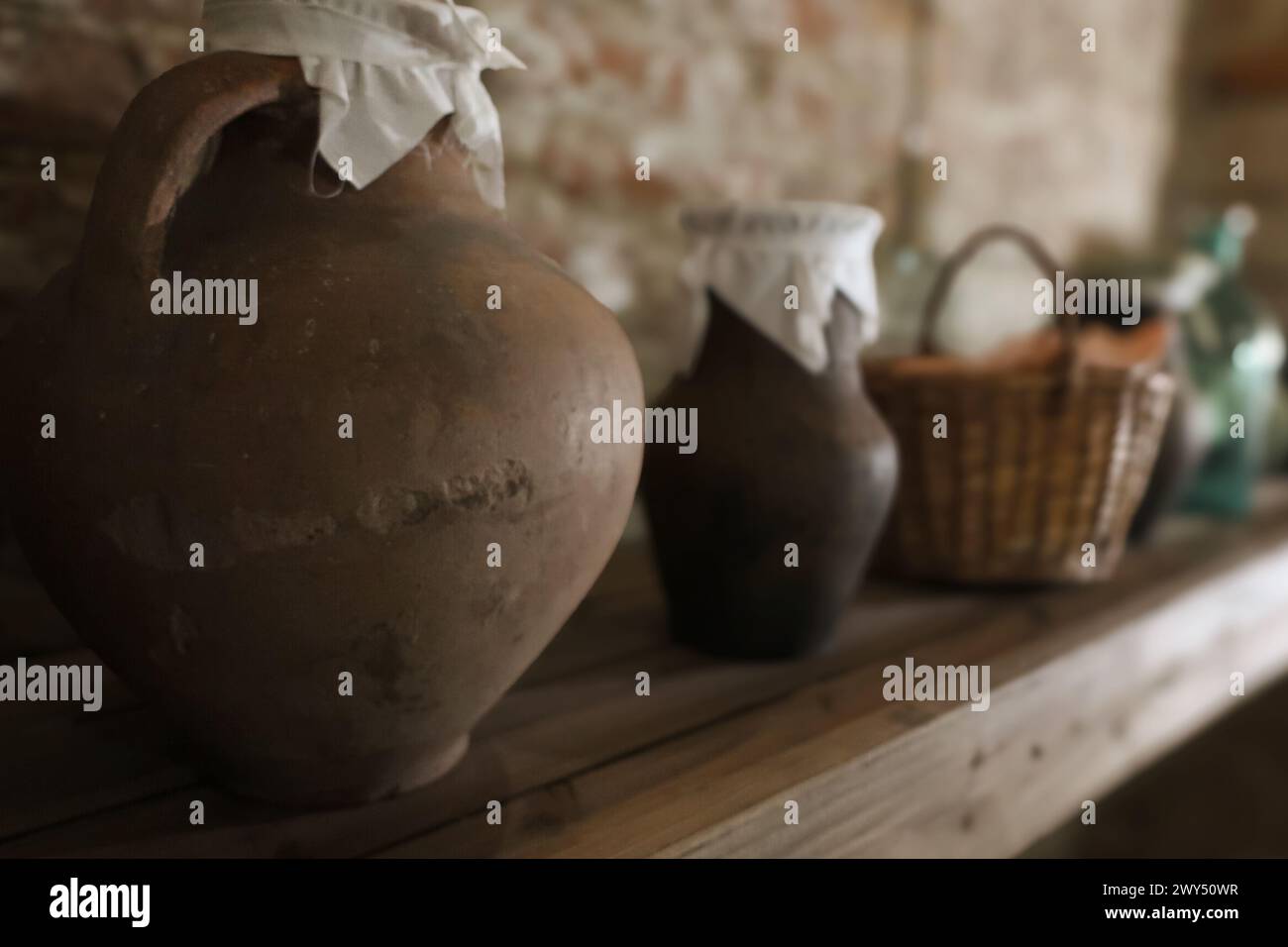 Old pantry with materials, foods and containers from long ago. Larder ...