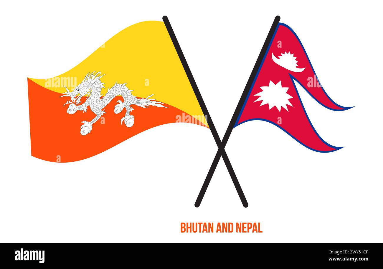 Bhutan and Nepal Flags Crossed And Waving Flat Style. Official ...