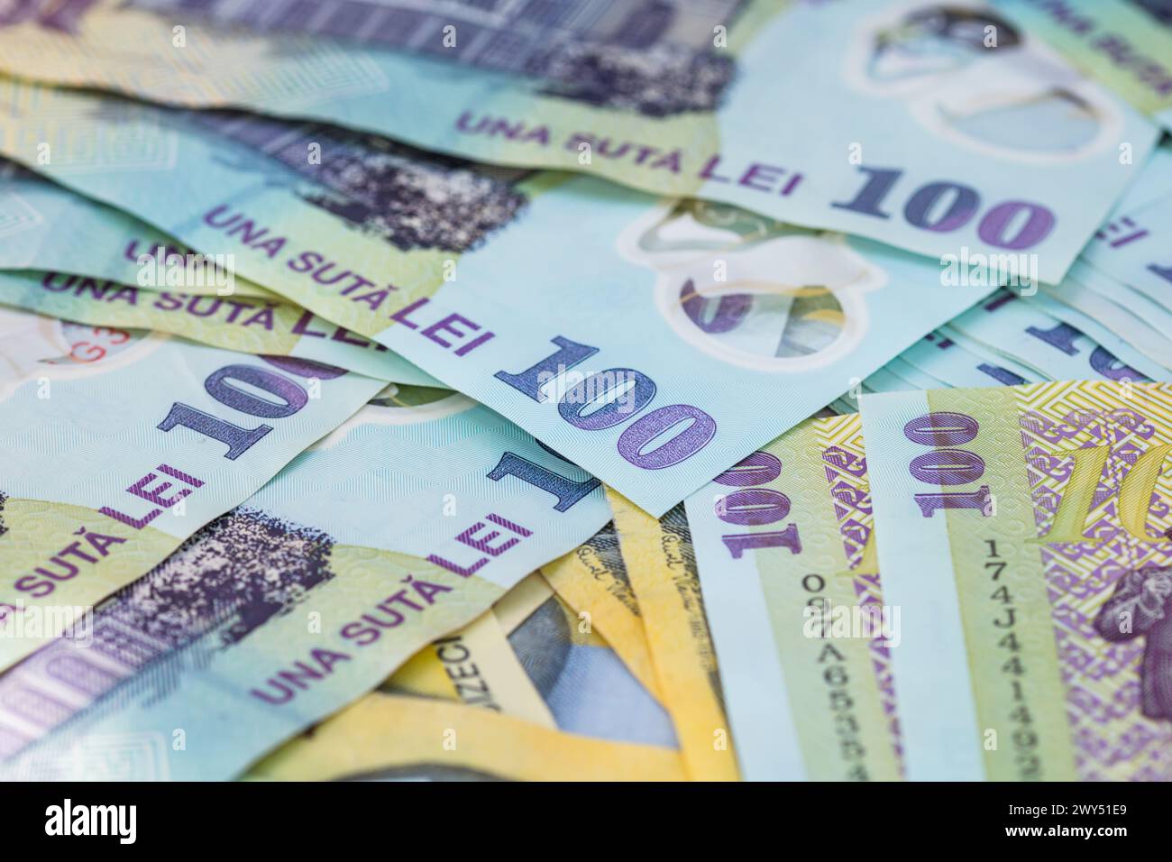 LEI money banknotes, detail photo of RON. Romanian currency Stock Photo ...