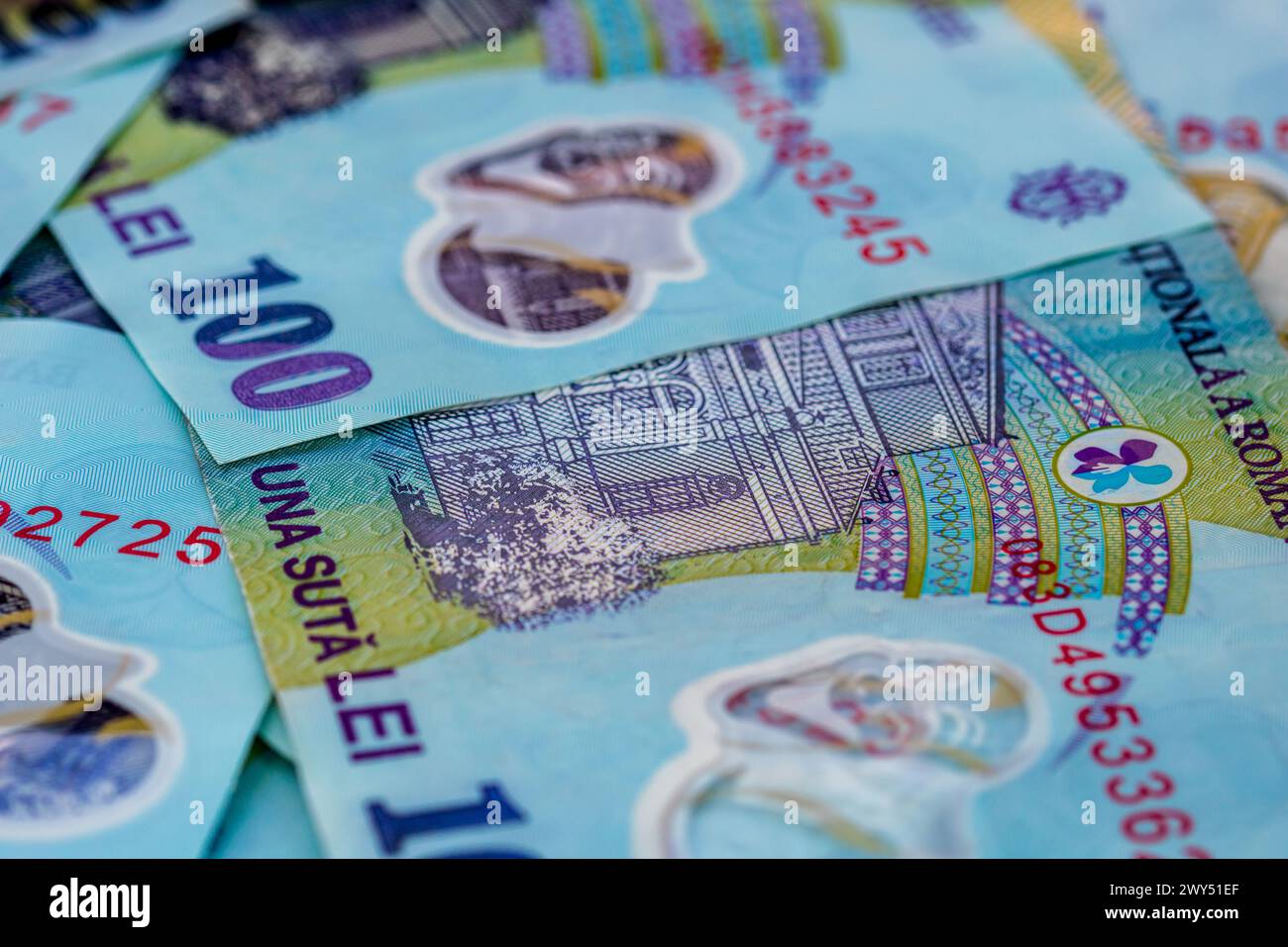 LEI money banknotes, detail photo of RON. Romanian currency Stock Photo ...