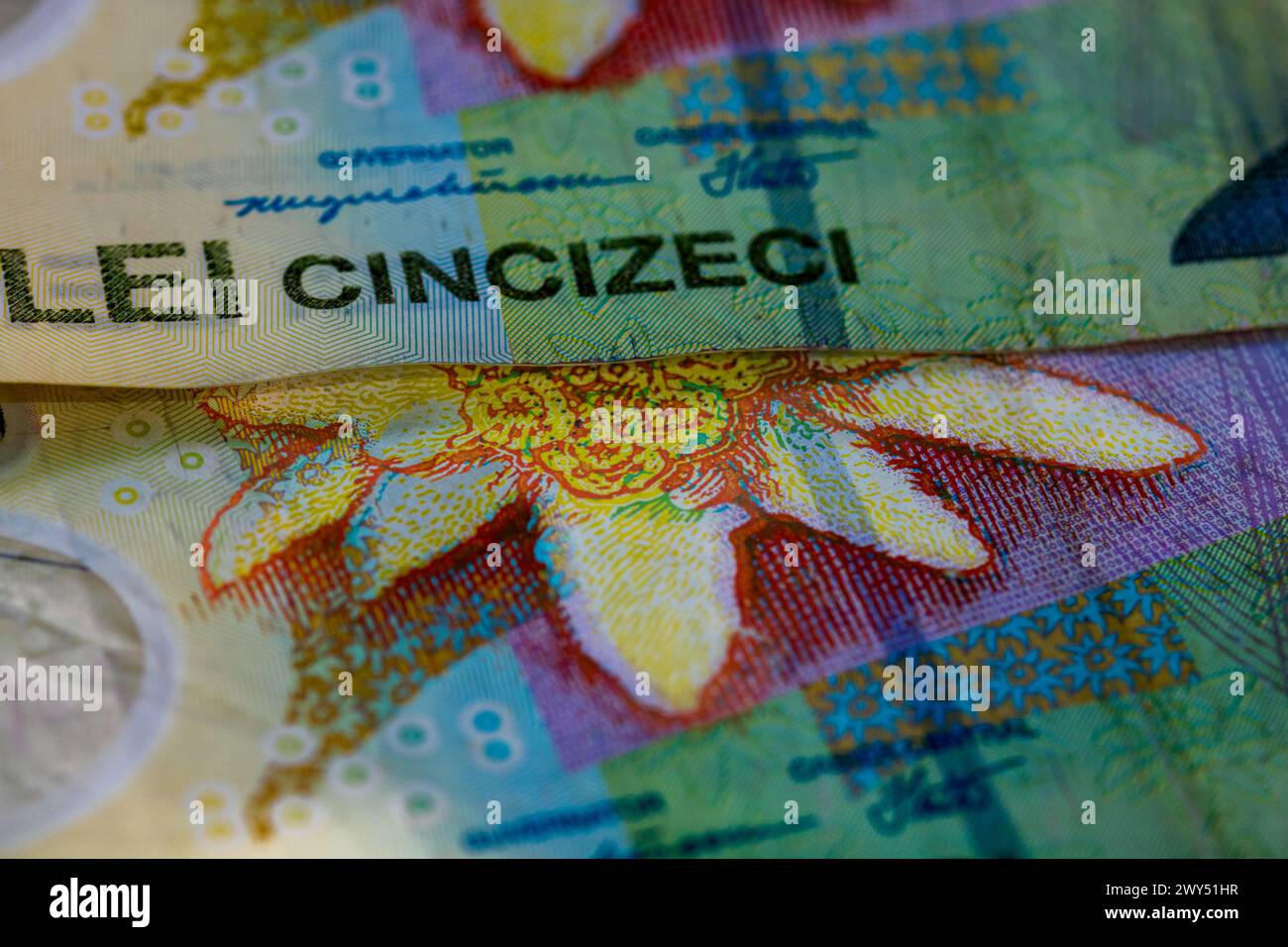 LEI money banknotes, detail photo of RON. Romanian currency Stock Photo ...