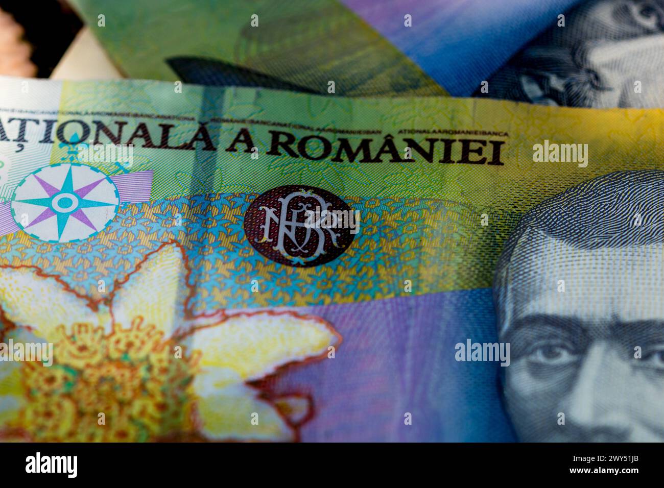 LEI money banknotes, detail photo of RON. Romanian currency Stock Photo ...