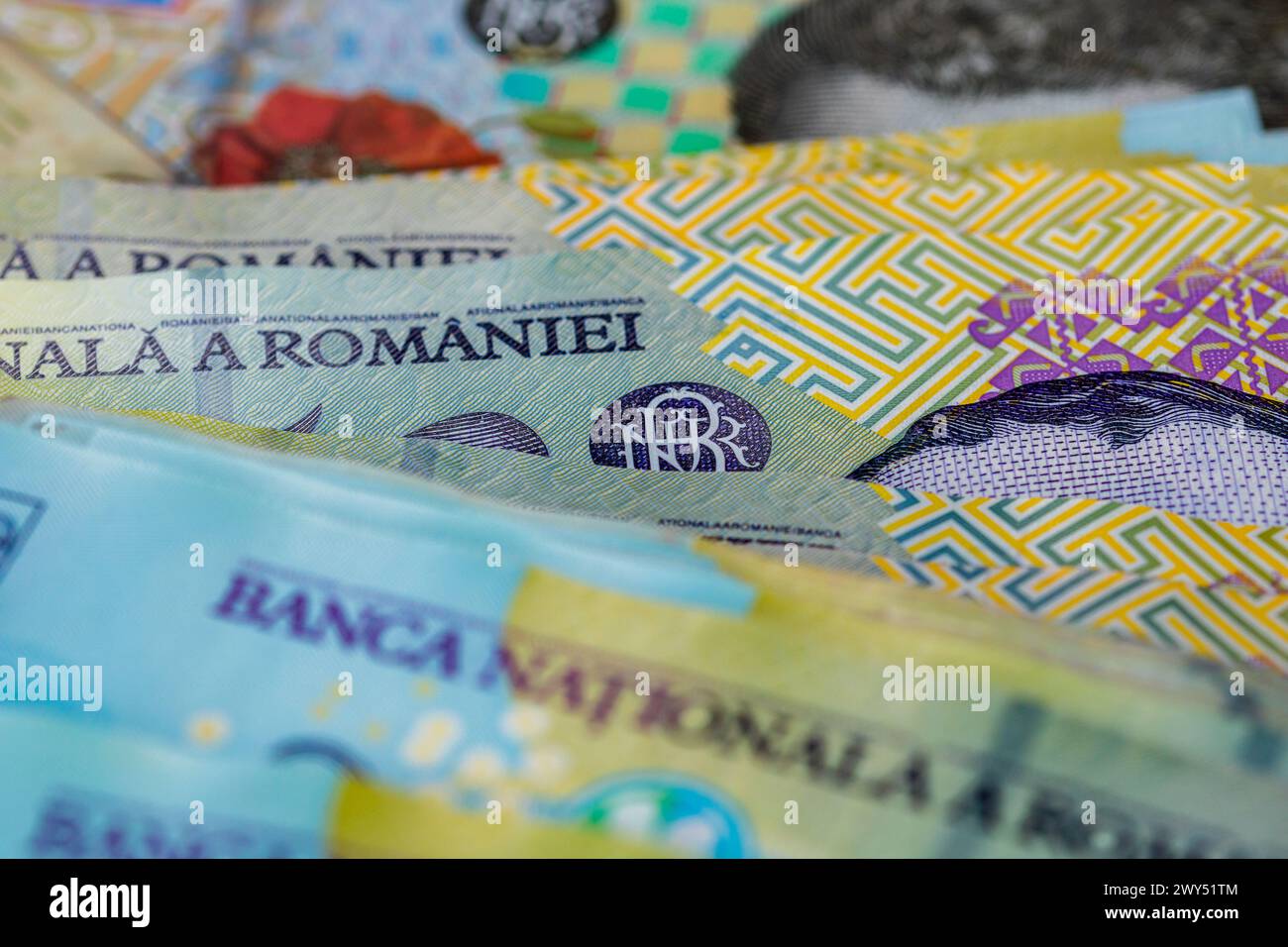 LEI money banknotes, detail photo of RON. Romanian currency Stock Photo ...