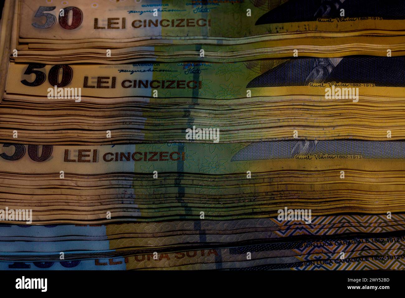 LEI money banknotes, detail photo of RON. Romanian currency Stock Photo ...