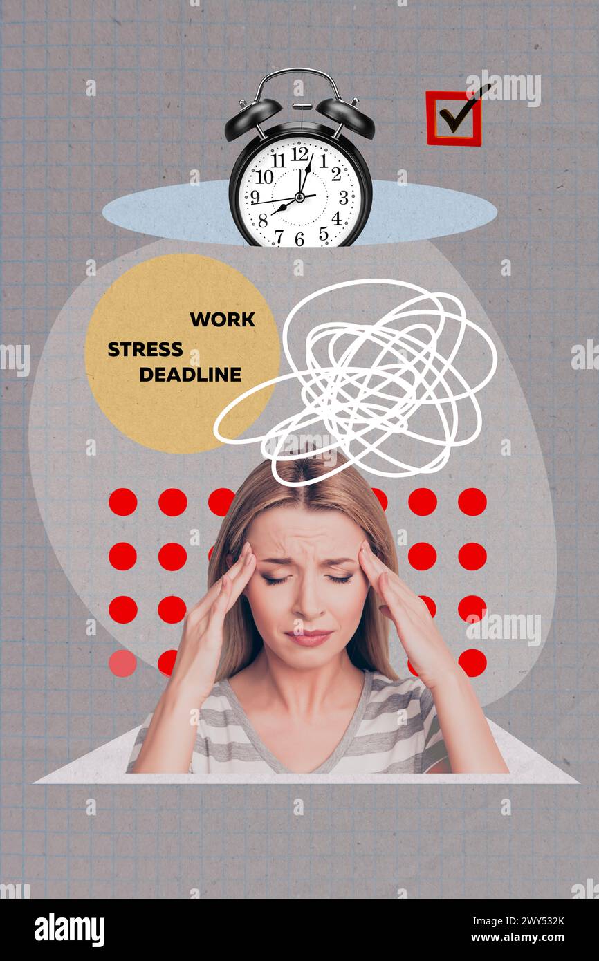 Vertical creative collage picture young sad depressed girl anxiety ...