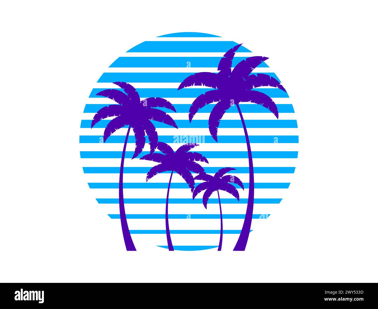 Outlines of palm trees and retro sun in 80s style isolated on white ...