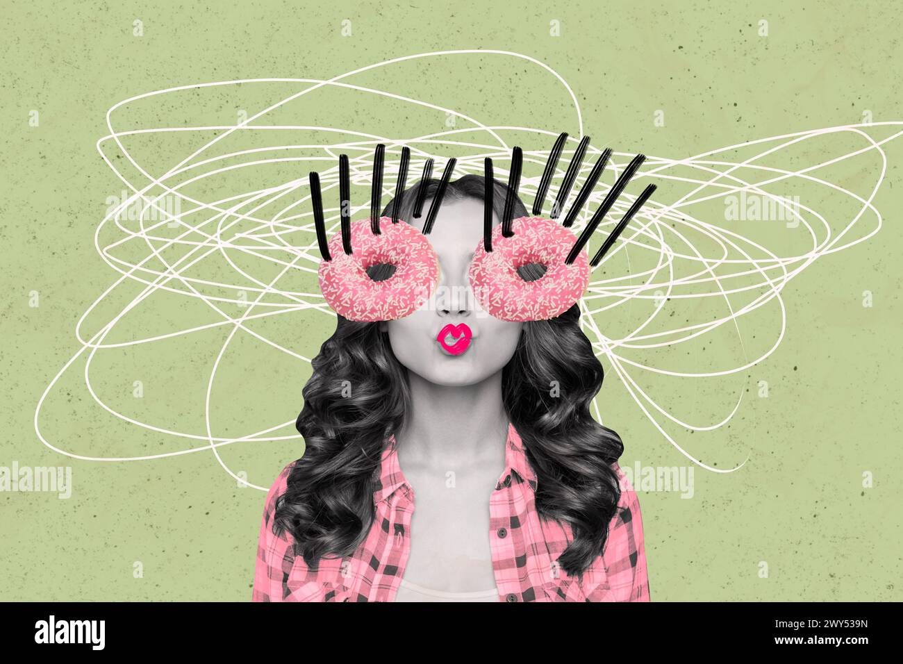 Creative picture collage young pretty girl donut eyes vision pastry ...