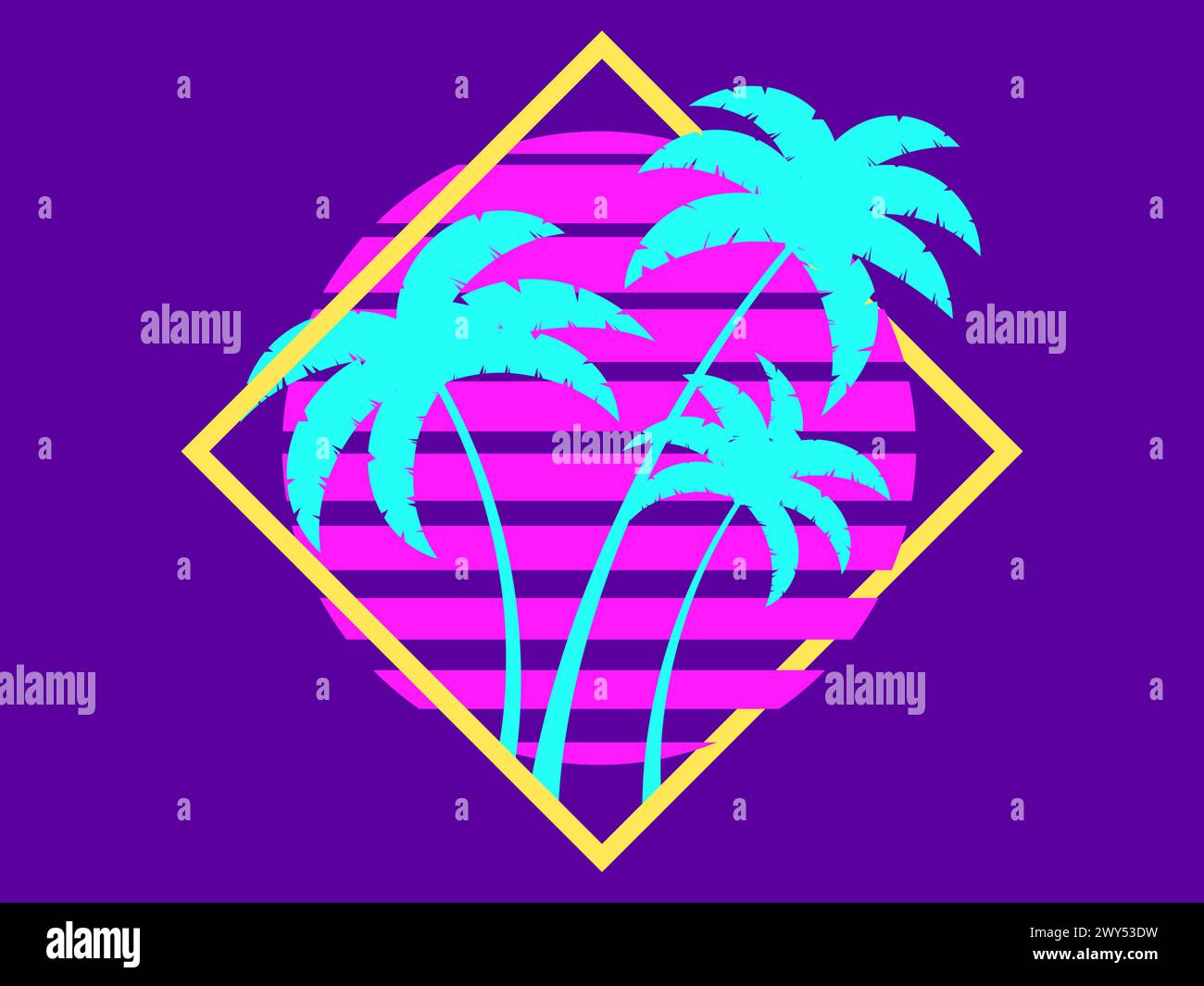 Retro sci-fi palm trees from the 80s at sunset in a square frame. Retro ...