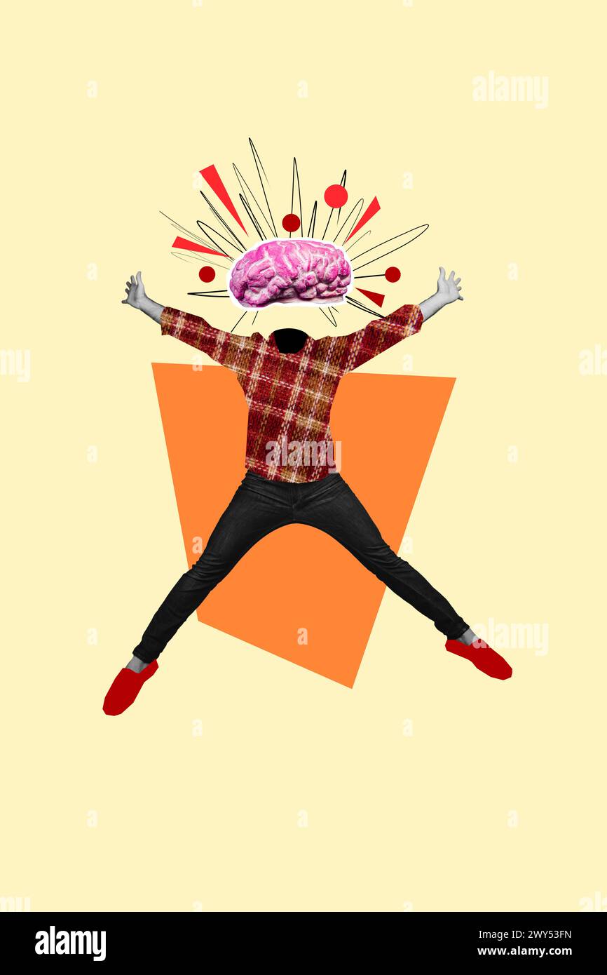 Vertical creative collage picture young headless man brainstorming mind ...