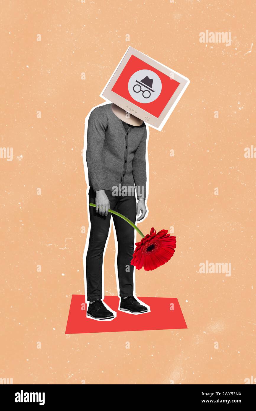 Vertical creative collage picture standing young depressed man holding ...