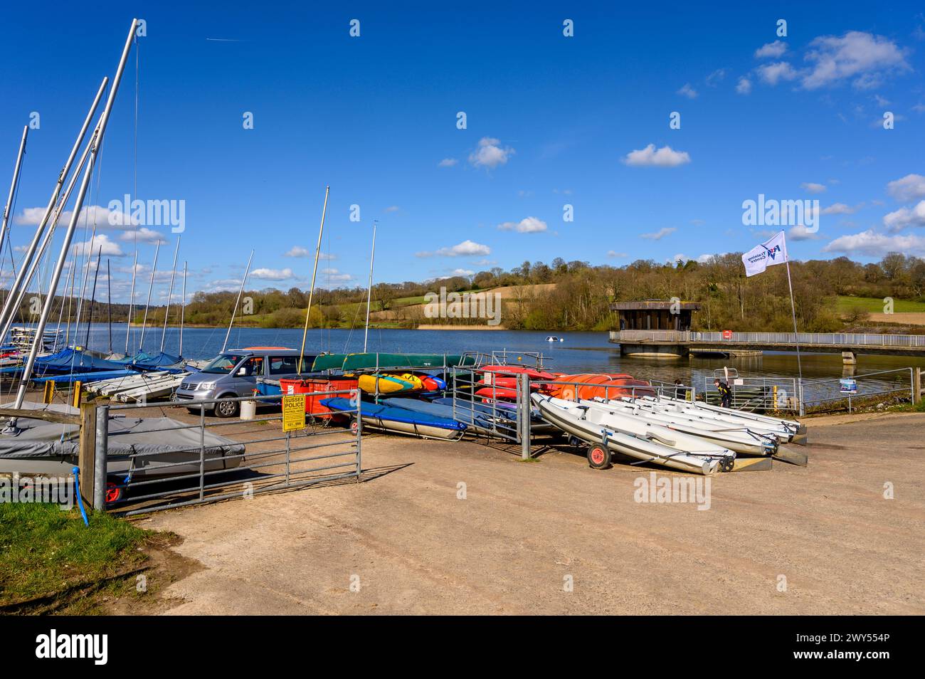 Sailboats, kayaks and canoes stored on land at the Ardingly Activity ...