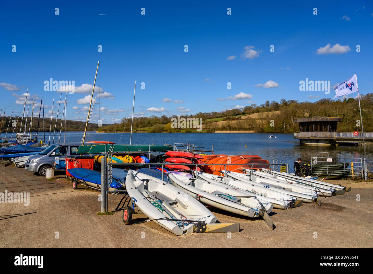 Sailboats, kayaks and canoes stored on land at the Ardingly Activity ...