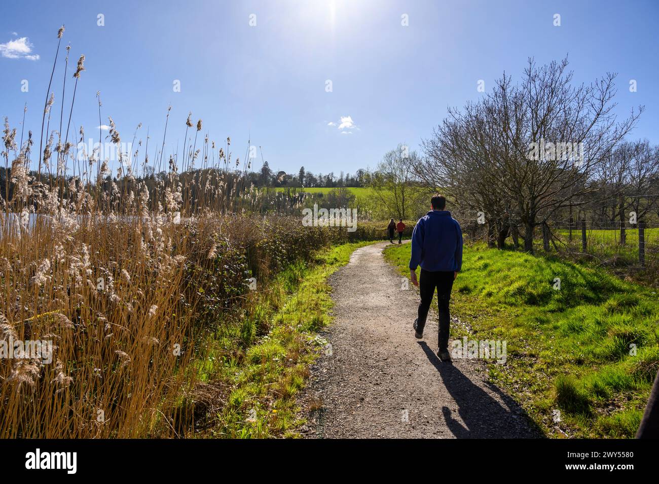Young adults walking on a gravel footpath next to Ardingly Reservoir ...