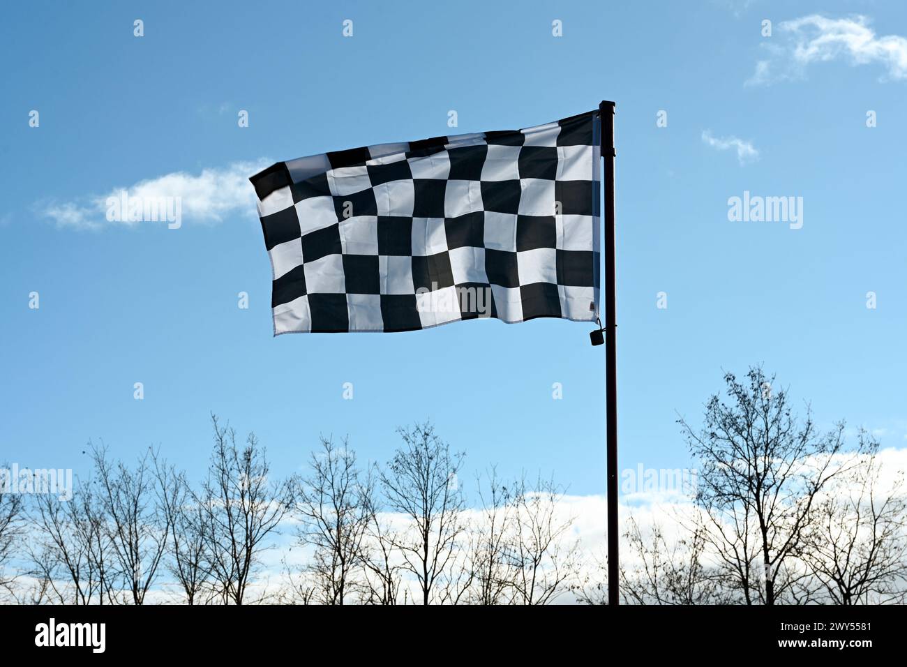 Chequered flag floating above the treetops against a blue sky ...