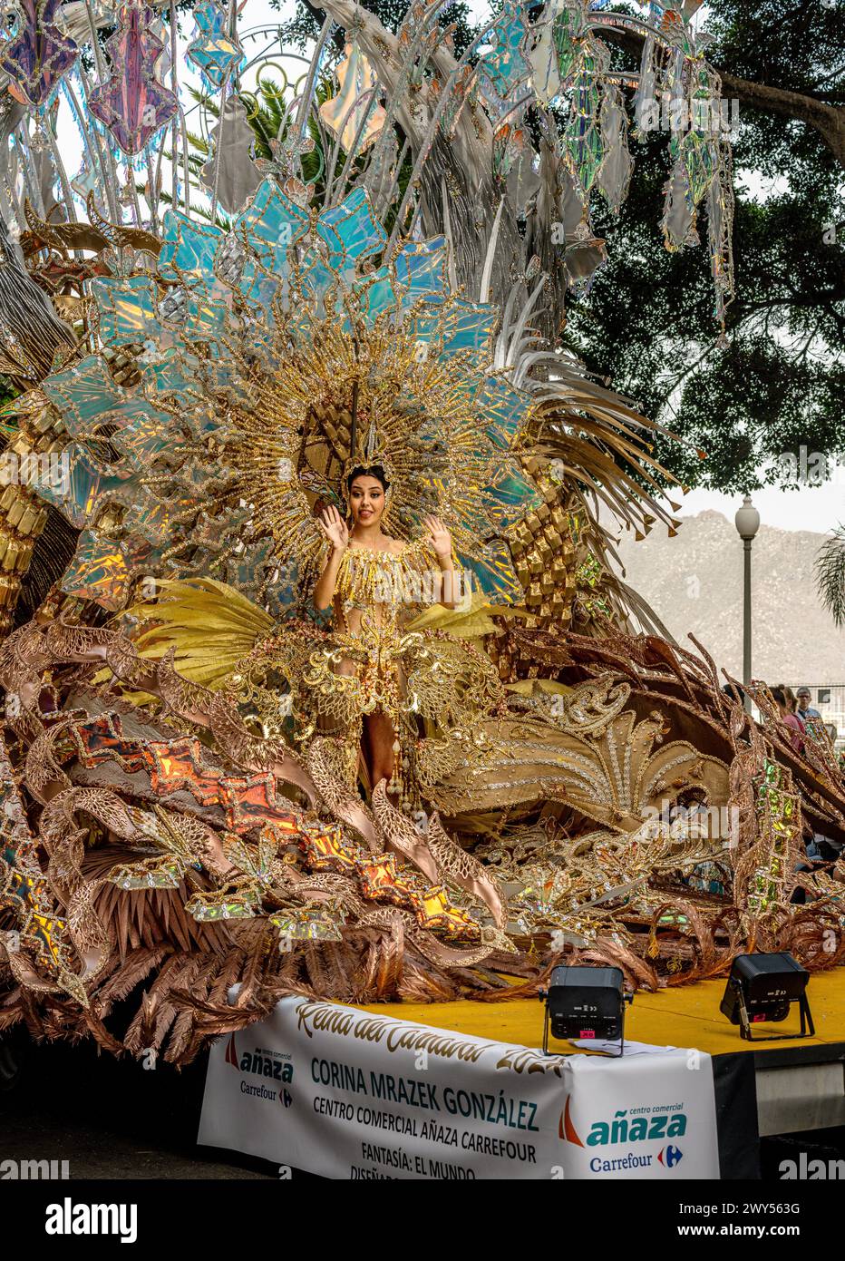 Woman in elaborate costume on enormous decorated float in tenerife ...