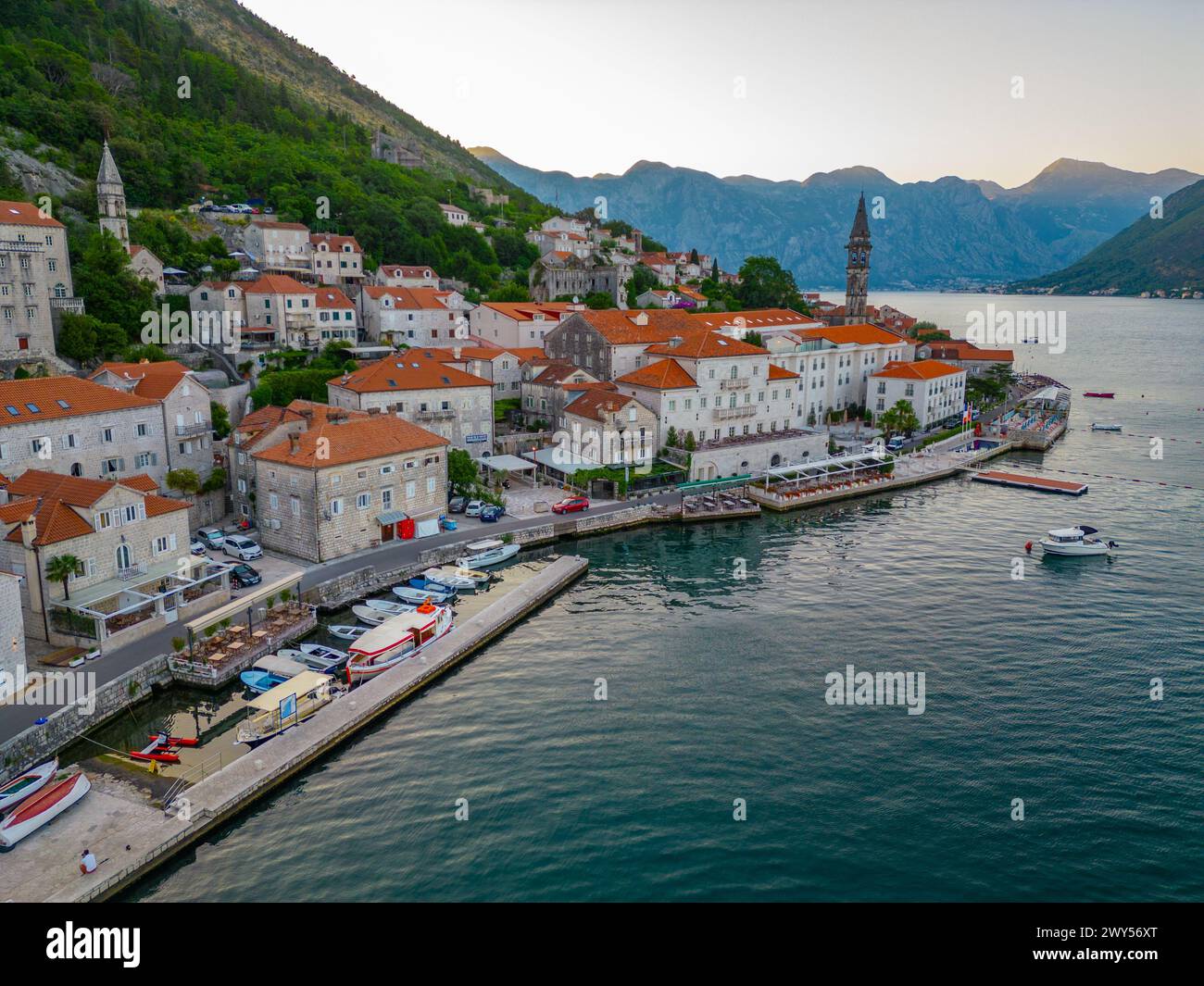 Sunrise view of Perast town in Montenegro situated at Boka Kotorska bay ...