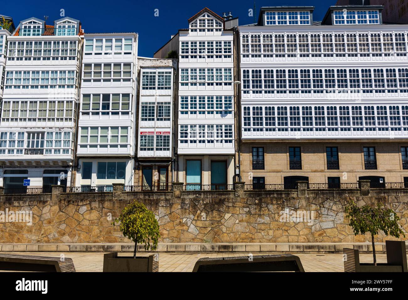 The waterfront of the city of A Coruña, traditional multi-story ...