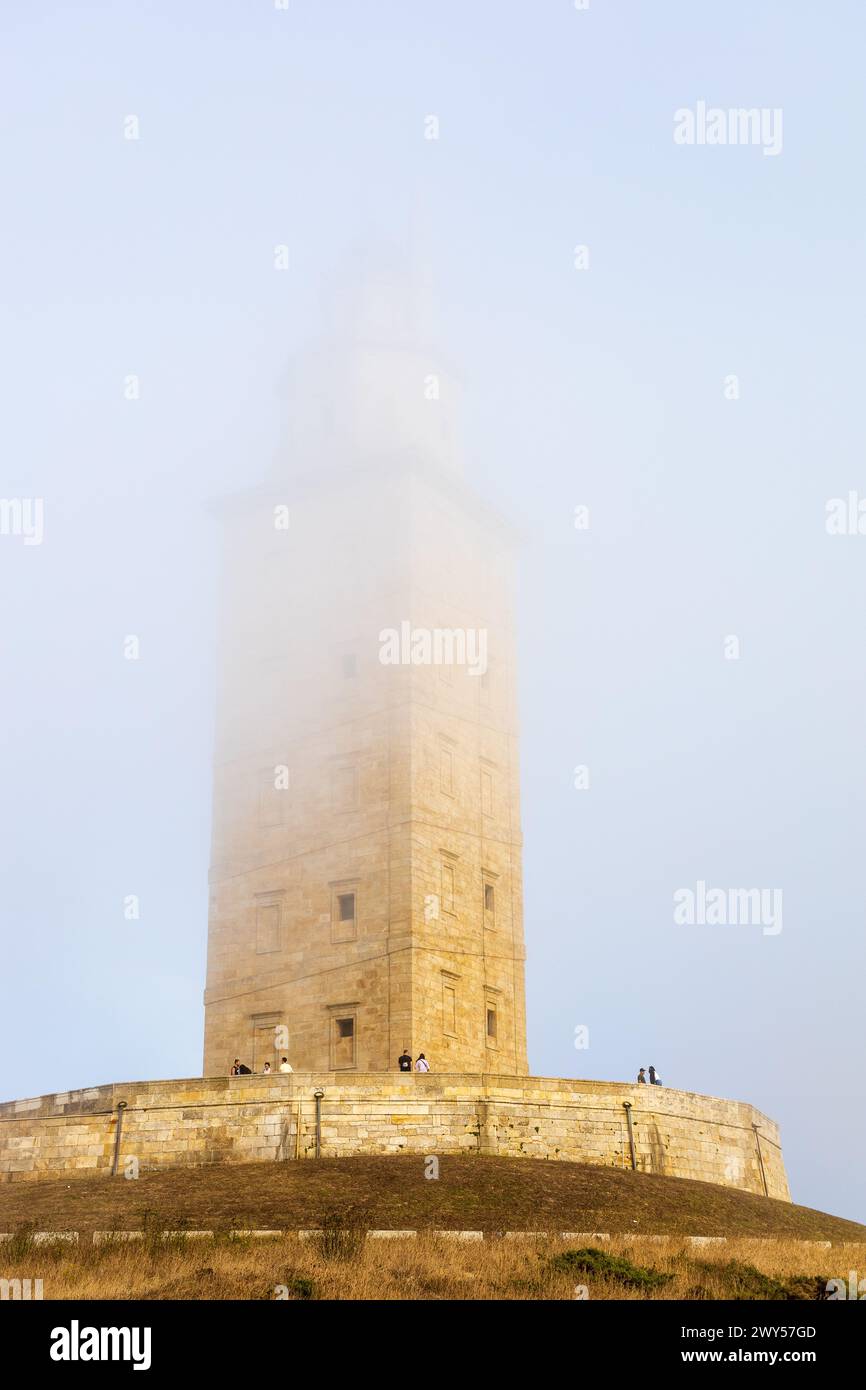 The Tower of Hercules building in heavy fog. The only Roman lighthouse ...