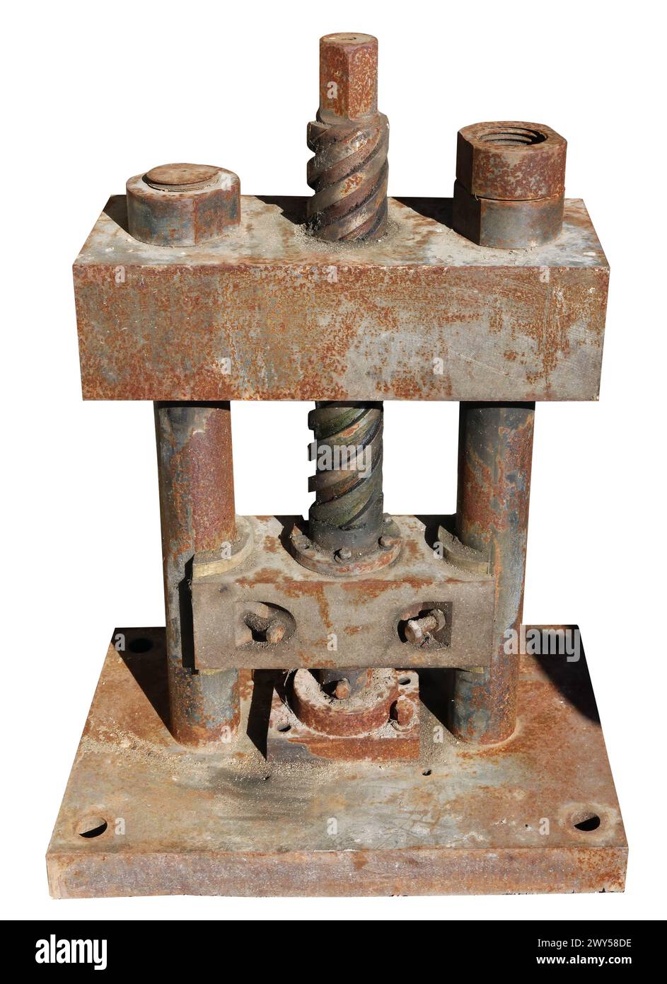 Old manual rusty vintage oil press. Isolated on white Stock Photo - Alamy