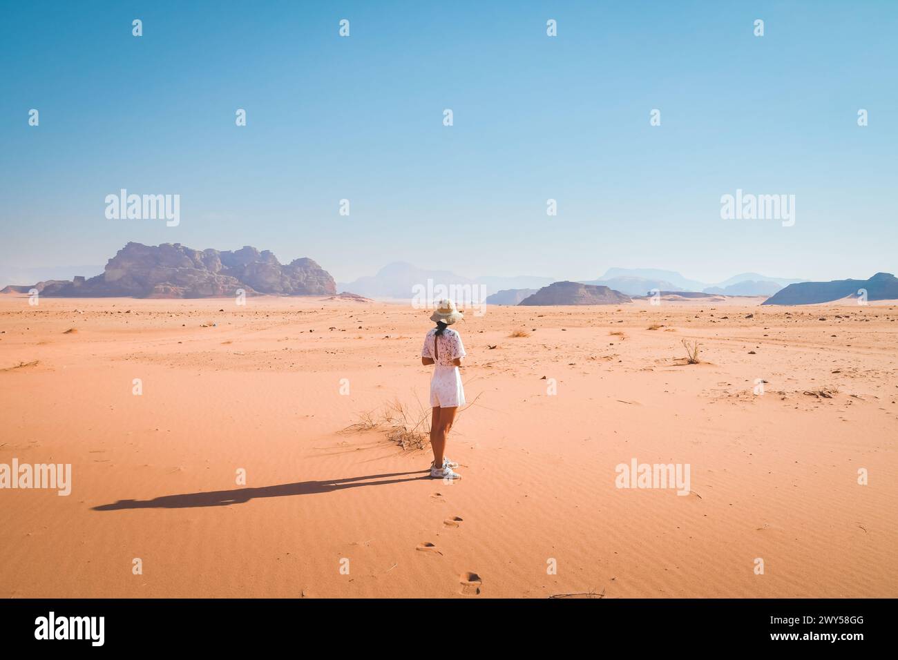 Back view female tourist stand curious watch wadi rum desert landscape ...