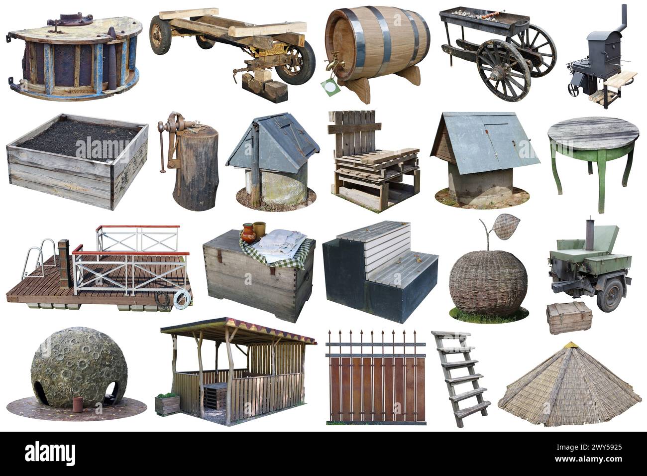 Various outdoors retro objects made of wood and metal Isolated on white ...