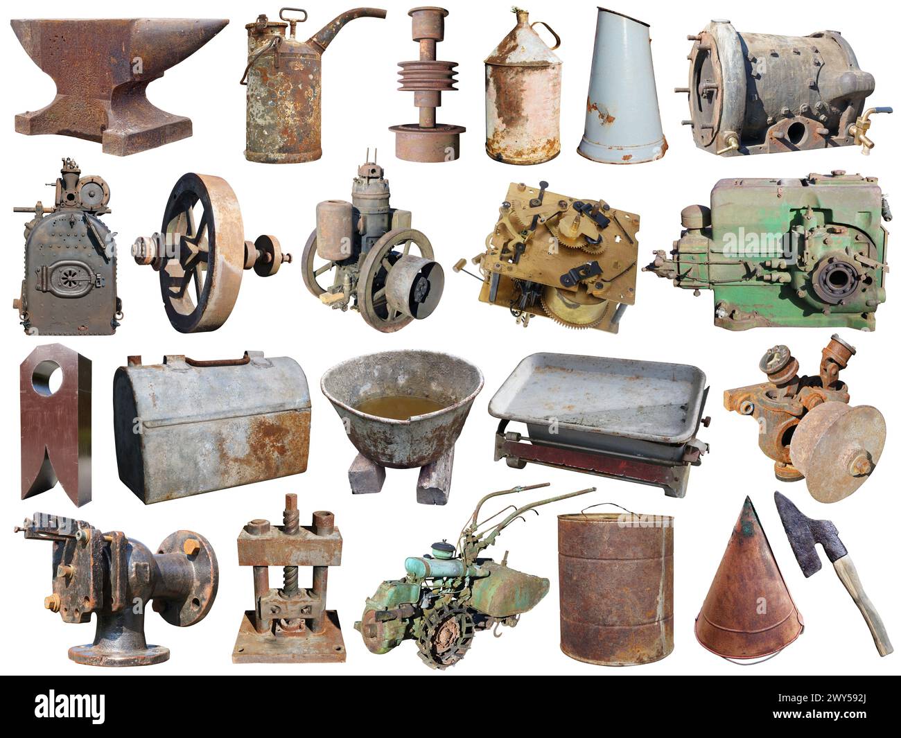 Various rusty retro rustic objects set. Isolated on white Stock Photo ...