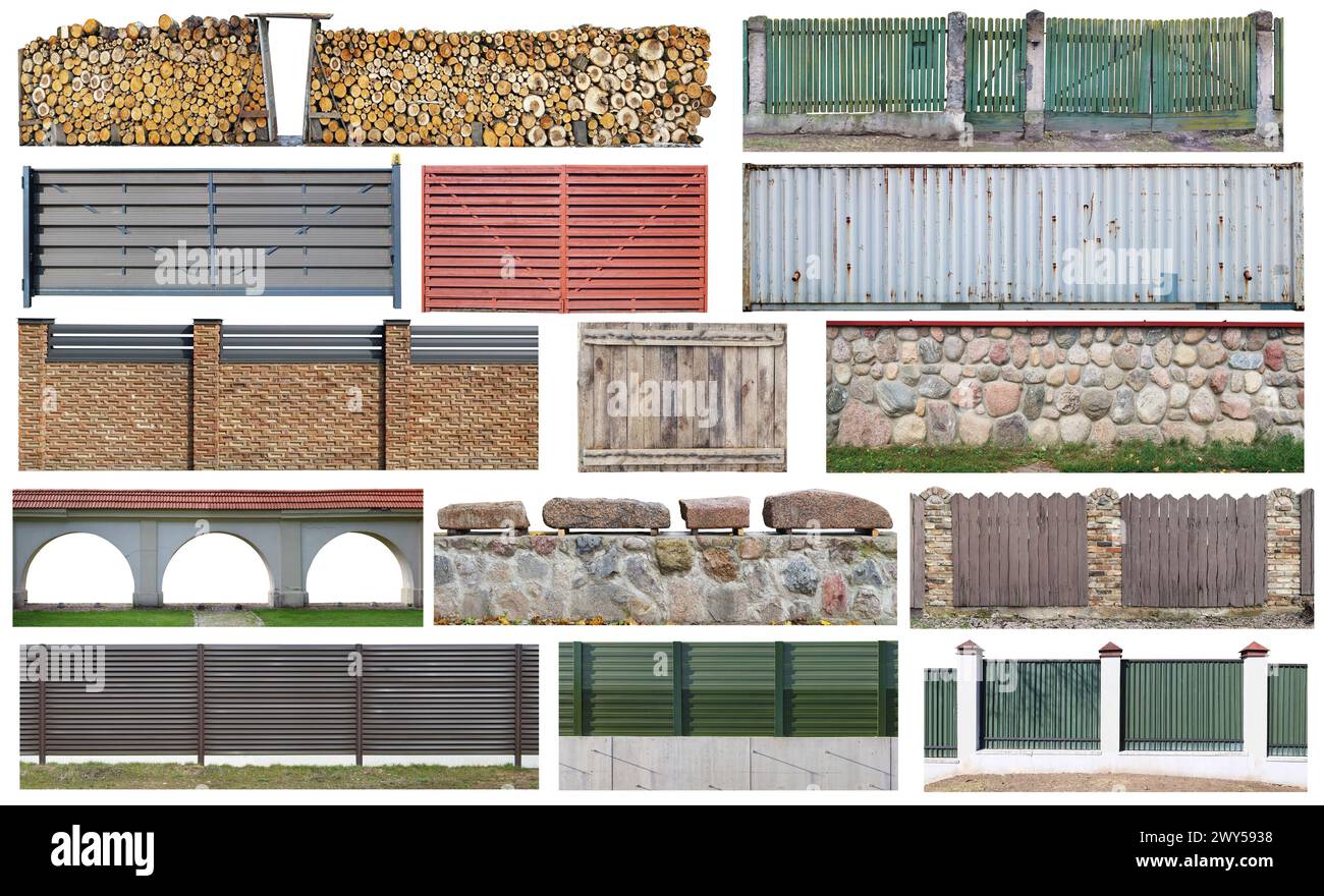 Wooden, stone and metal fences set. Isolated on white Stock Photo - Alamy