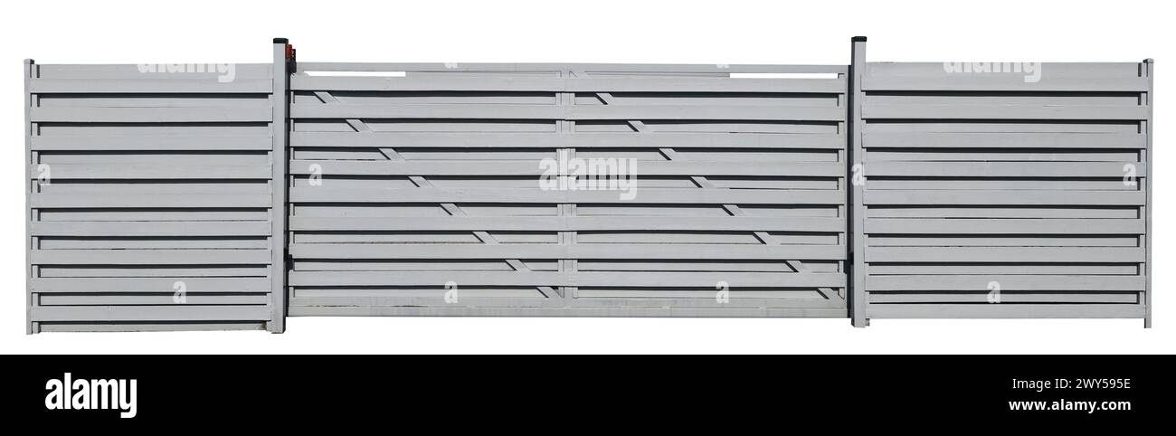 New gate and fence from the horizontal gray planks. Isolated on white ...
