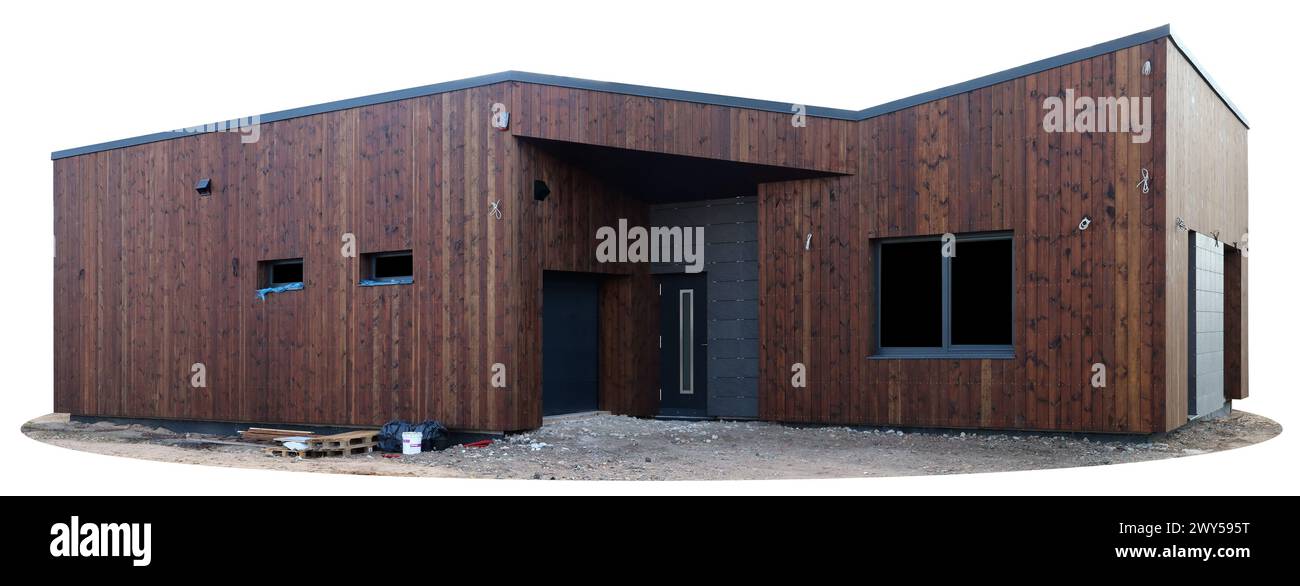 Unfinished construction of a wooden rural house. Isolated on white ...