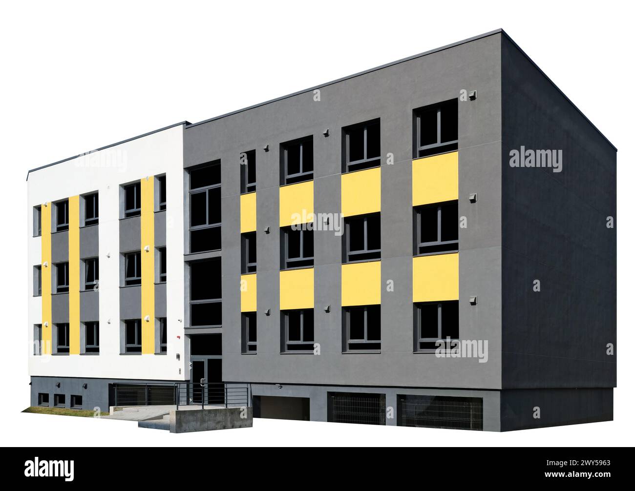 Three-story office building in rustic style. Isolated on white Stock ...