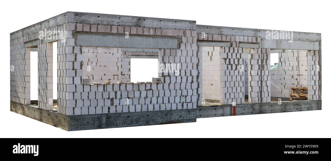 Unfinished construction of a bricks rural house. Isolated on white ...