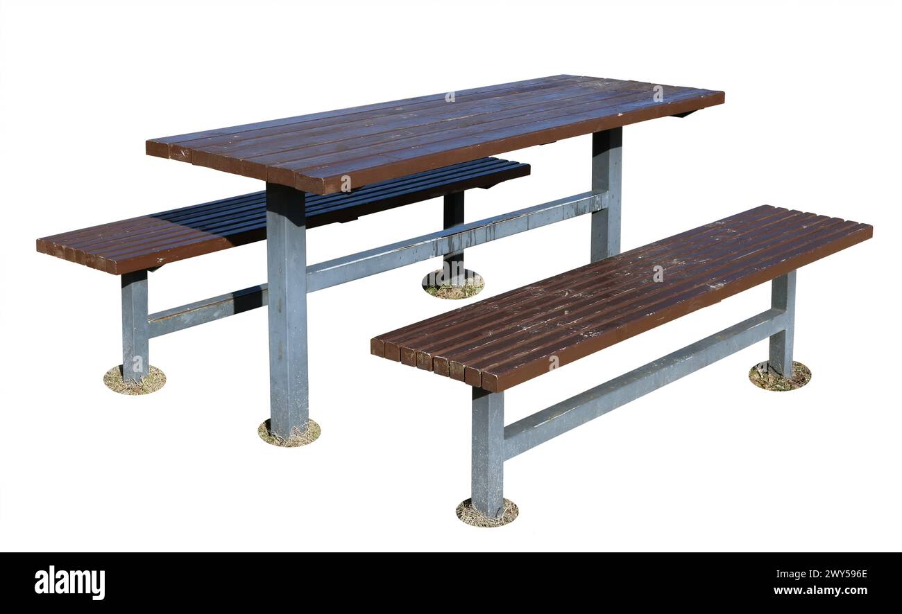 Shabby table and benches for barbecue in a public park. Isolated on ...