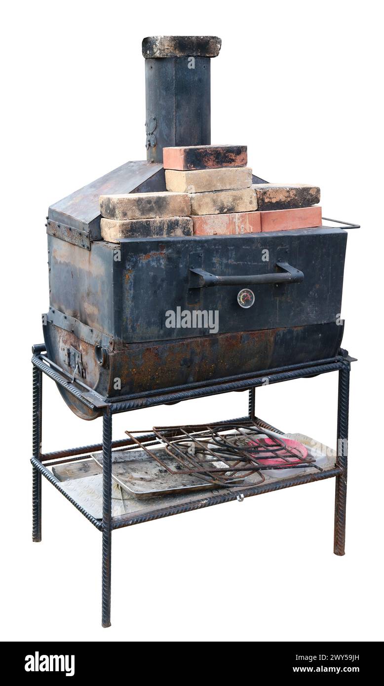 Homemade grill welded from iron rods and sheets. Isolated on white ...