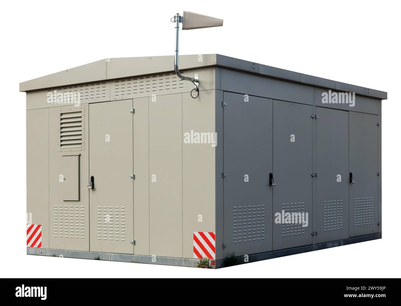 Small power electric substation with antenna on the roof. Isolated on ...