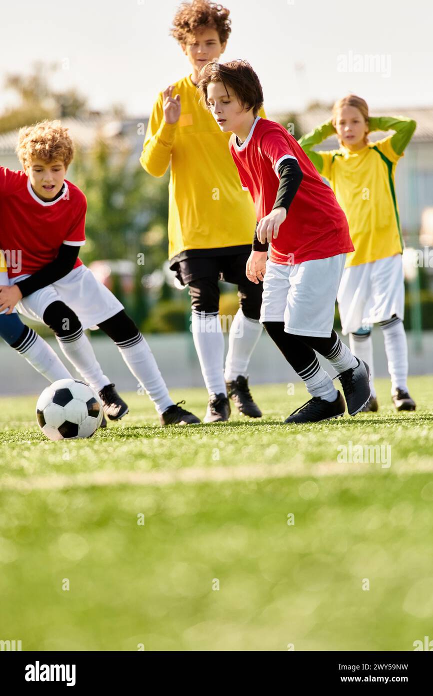 A group of enthusiastic children of various ages playing soccer on a ...